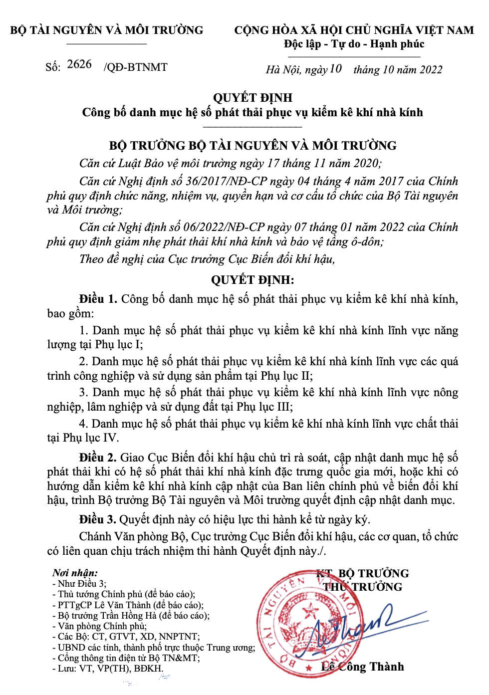Quyết định công bố danh mục hệ số phát thải phục vụ kiểm kê khí nhà kính